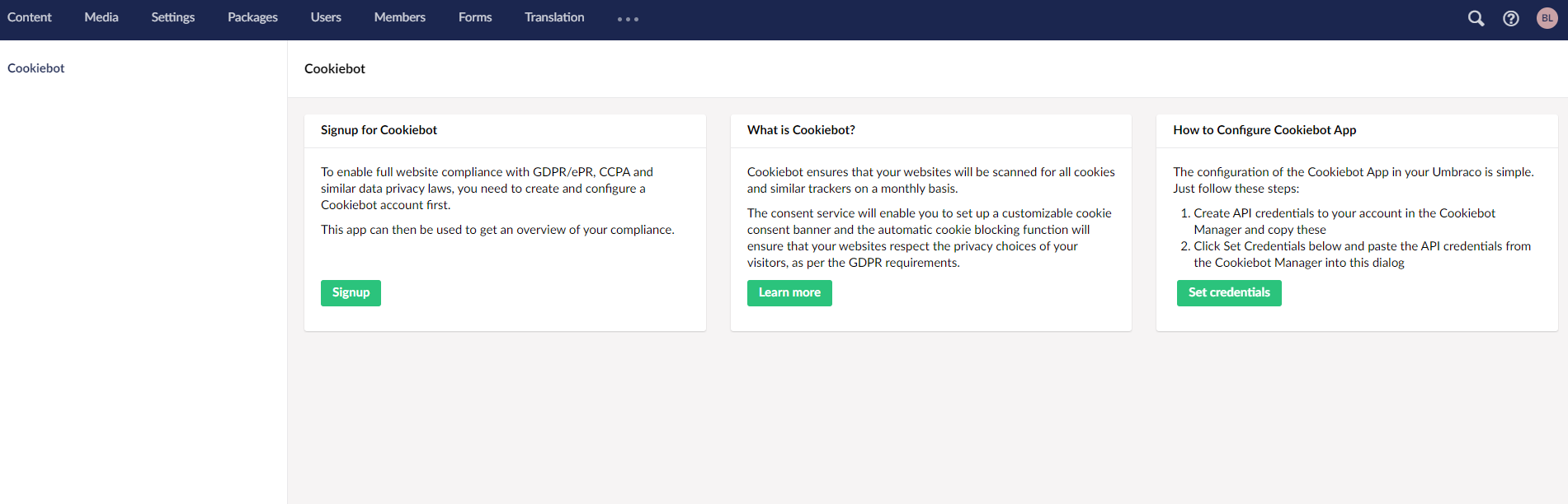 Cookiebot Umbraco installation